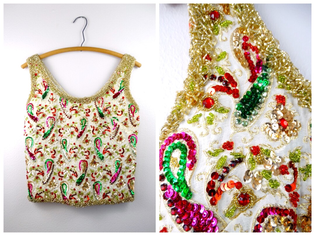 50s Rhinestone Encrusted Jewel Embellished Top // Gold Beaded Sequined ...