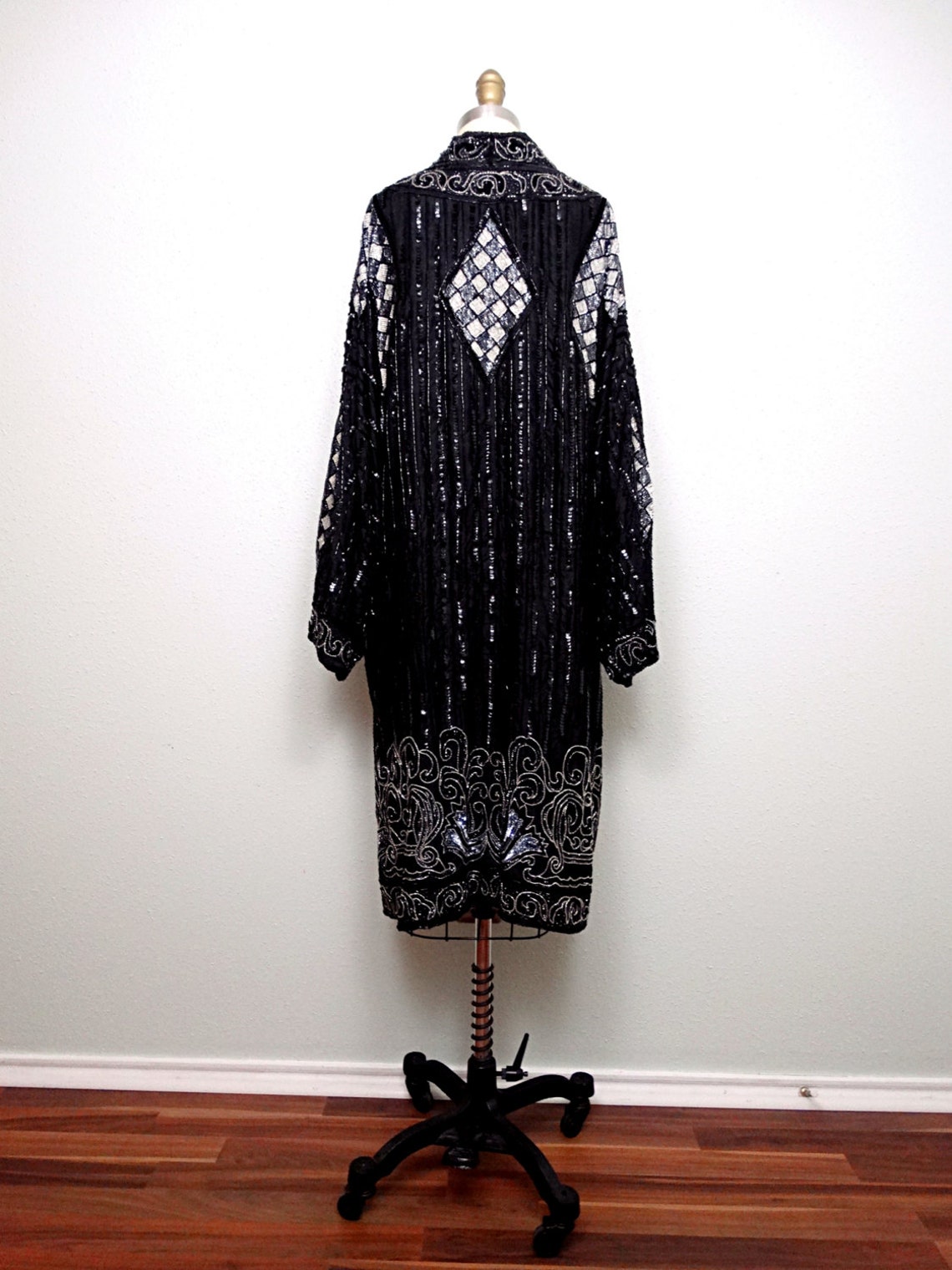 Vintage Sequin Beaded Long Jacket - Black & Silver Argyle Kimono - Etsy