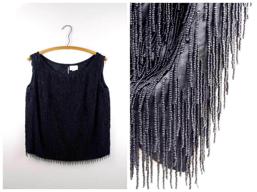 50s 60s Heavy Fringe Beaded Top / 1960’s Black Tassel Beaded Top Made ...