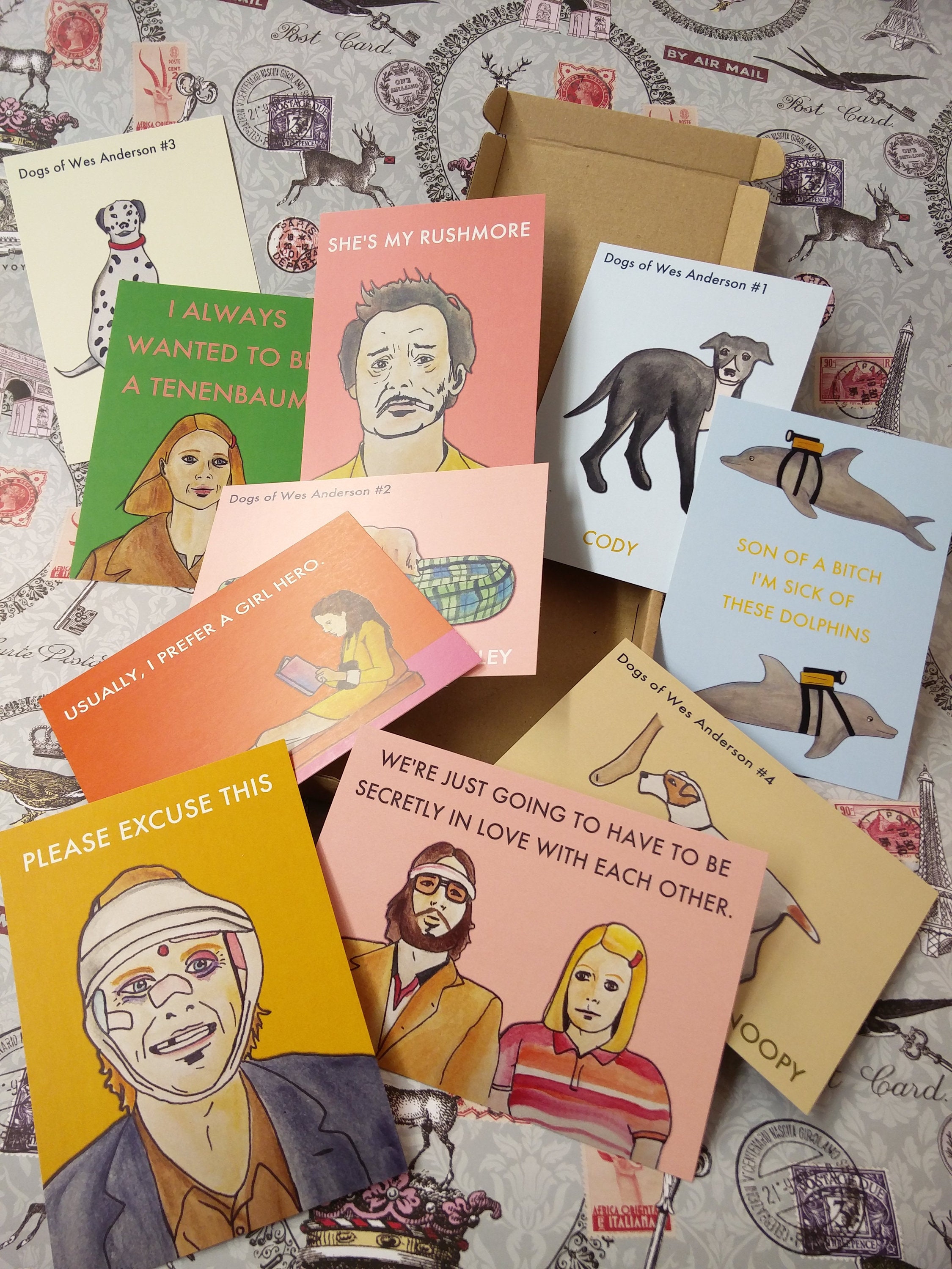 Wes Anderson Postcard Set of Fourteen Movie Illustrations | Etsy