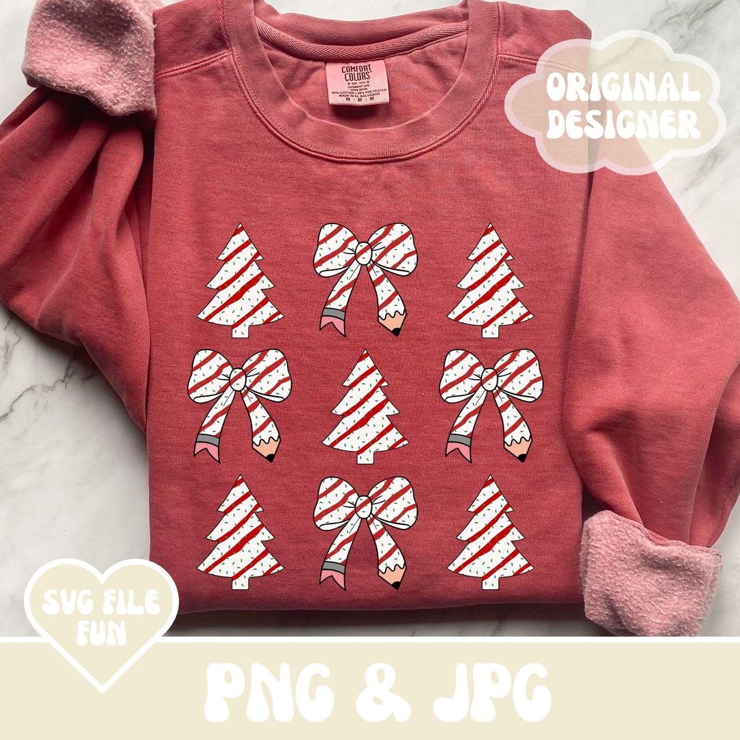 Coquette Christmas Tree Snack Cakes & Pencil Bows PNG, Trendy Retro ...