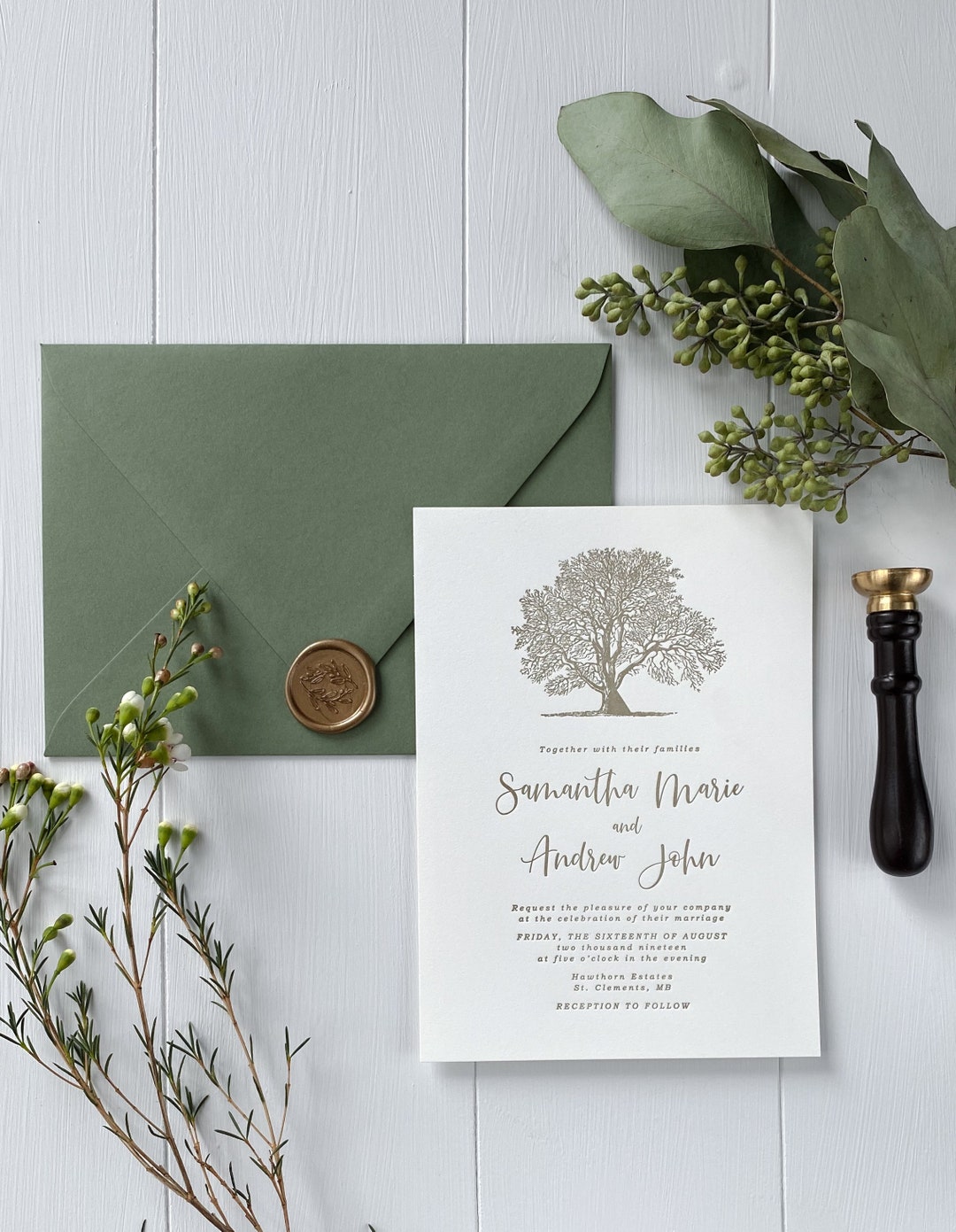 Rustic Oak Tree Letterpress Wedding Invitation, Gold and Green Wedding ...