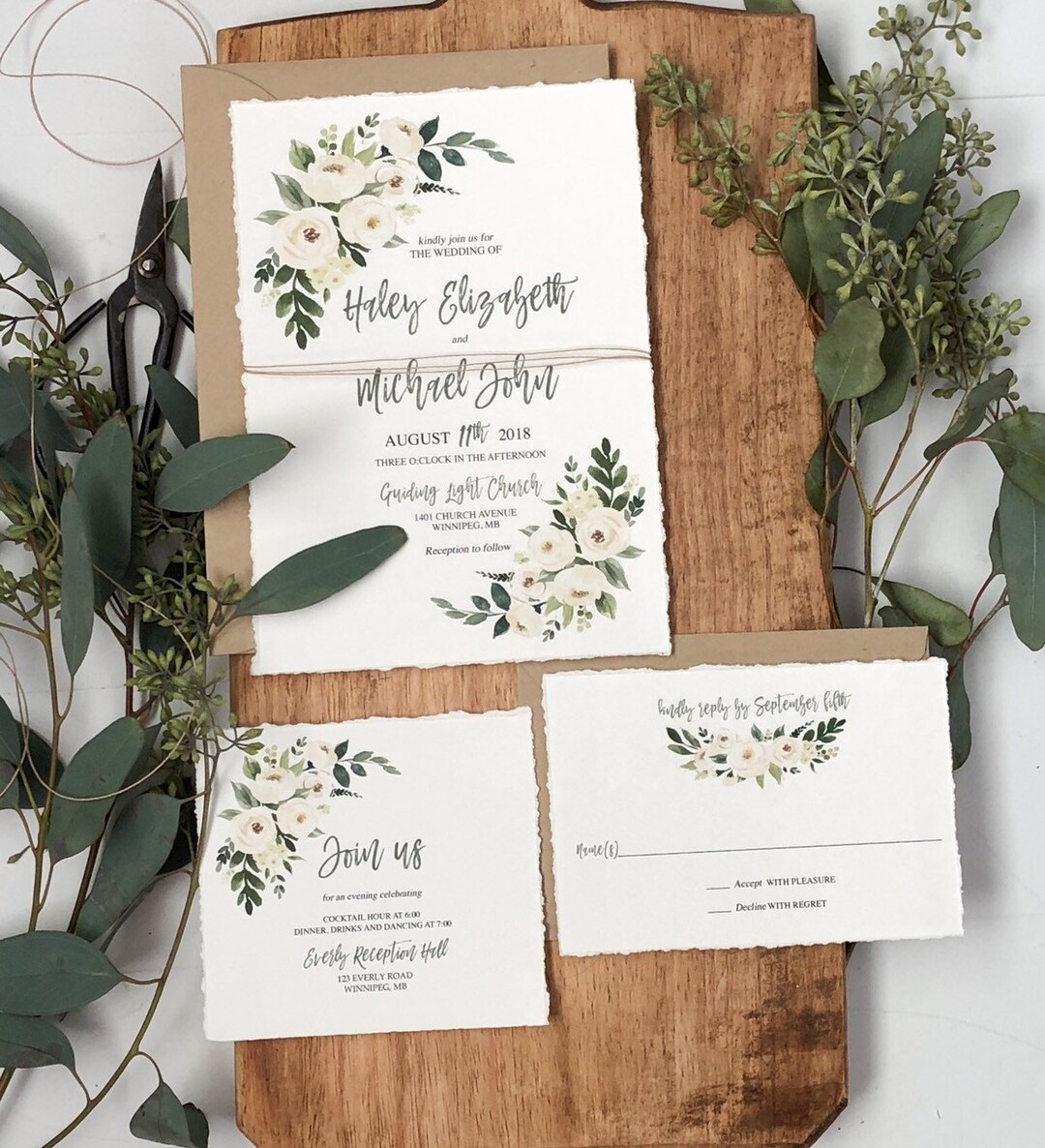 Rustic Greenery Floral Wedding Invitations With Deckled Edges - Etsy