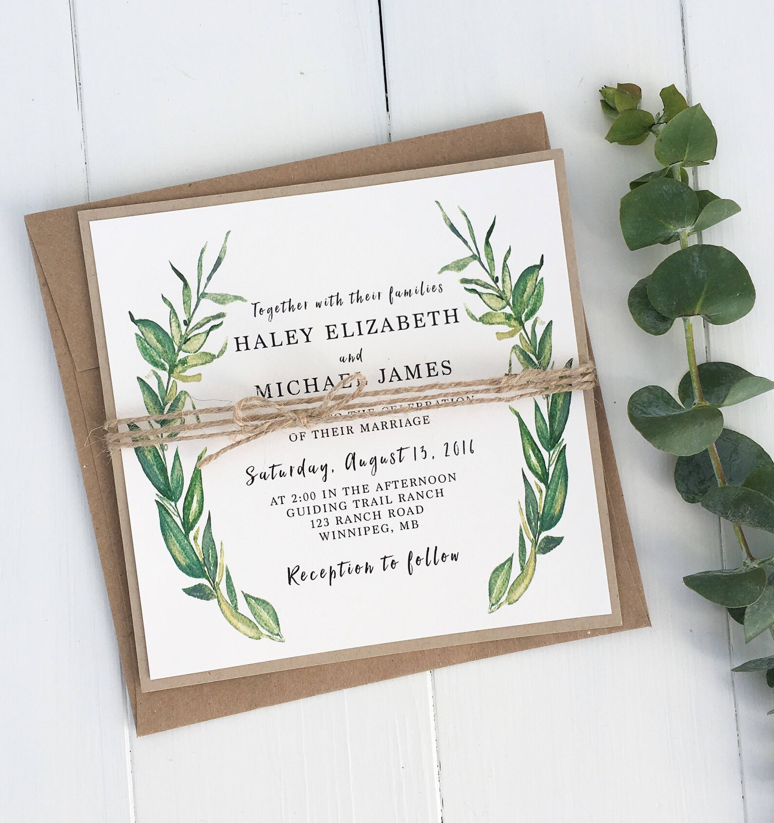 Rustic Greenery Wedding Invitation Set Green Leaves | Etsy