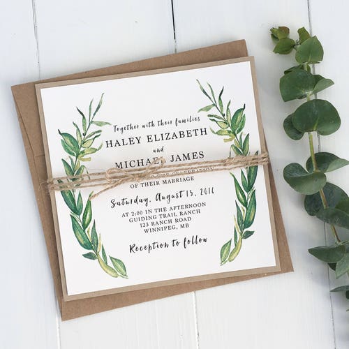 Rustic Greenery Wedding Invitation Set Green Leaves | Etsy