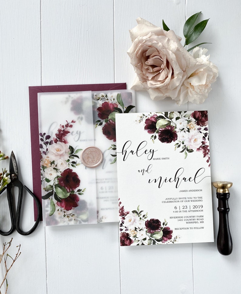 Burgundy Floral Wedding Invitation Set With Vellum and Wax - Etsy