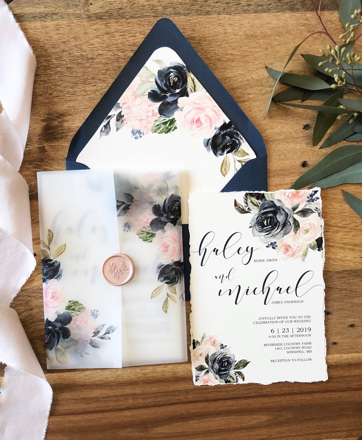 Vellum Wedding Invitation Set Wax Seal Navy Blue Floral | Etsy