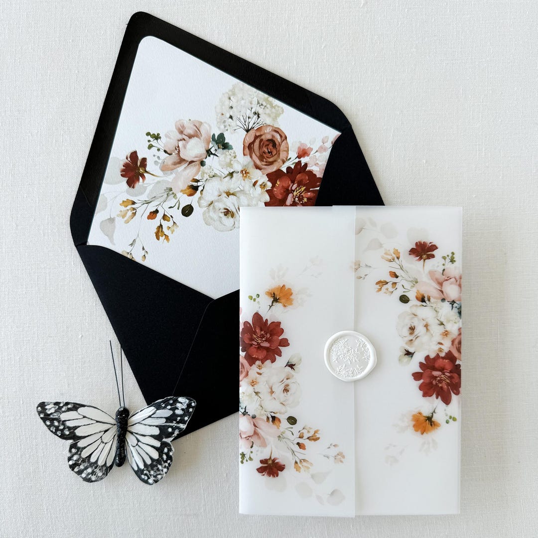 Fall Floral Vellum Jacket for Wedding Invitations Burnt Orange Floral ...