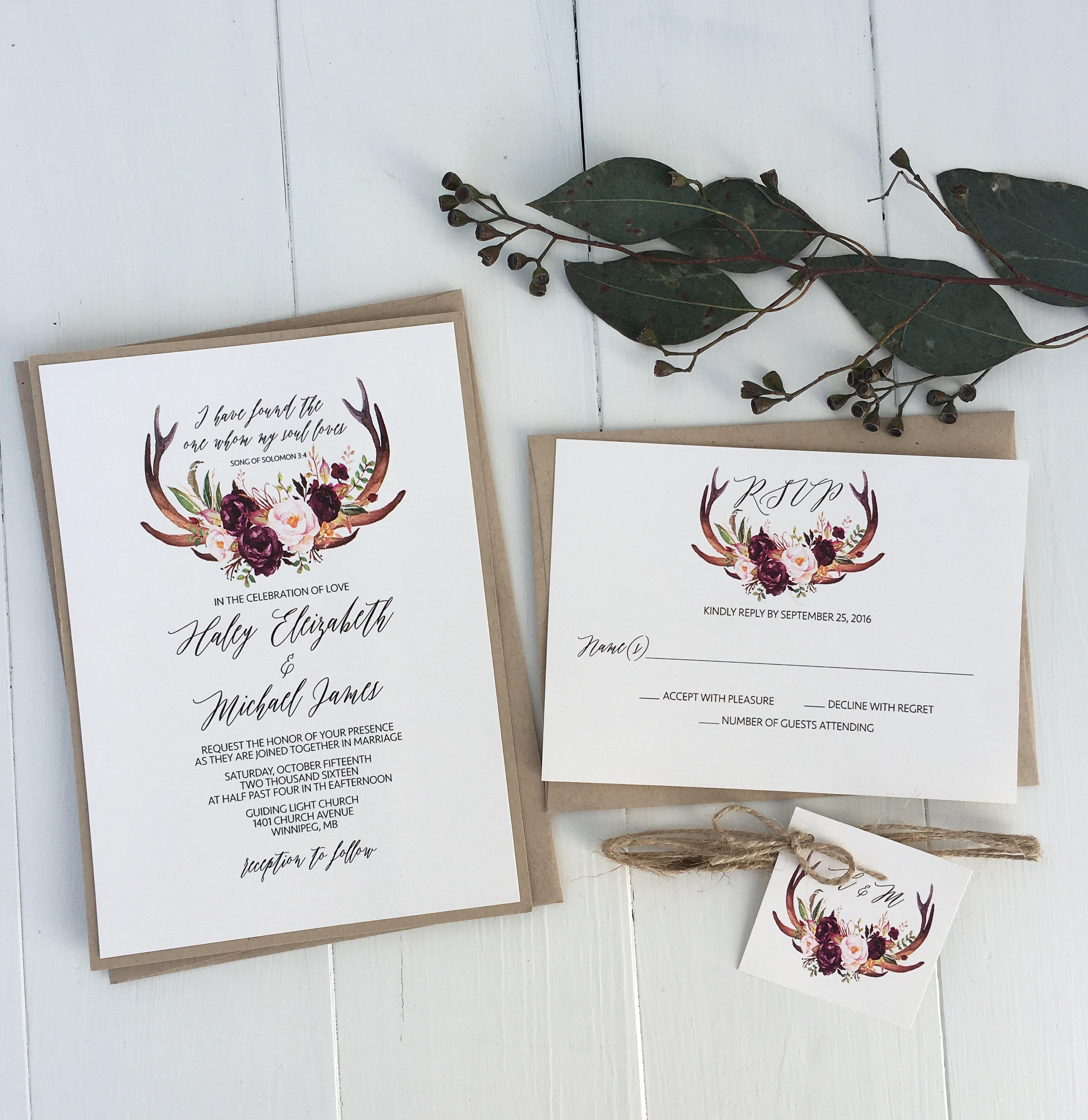 Boho Antler Wedding Invitation Rustic Wedding Invitation | Etsy