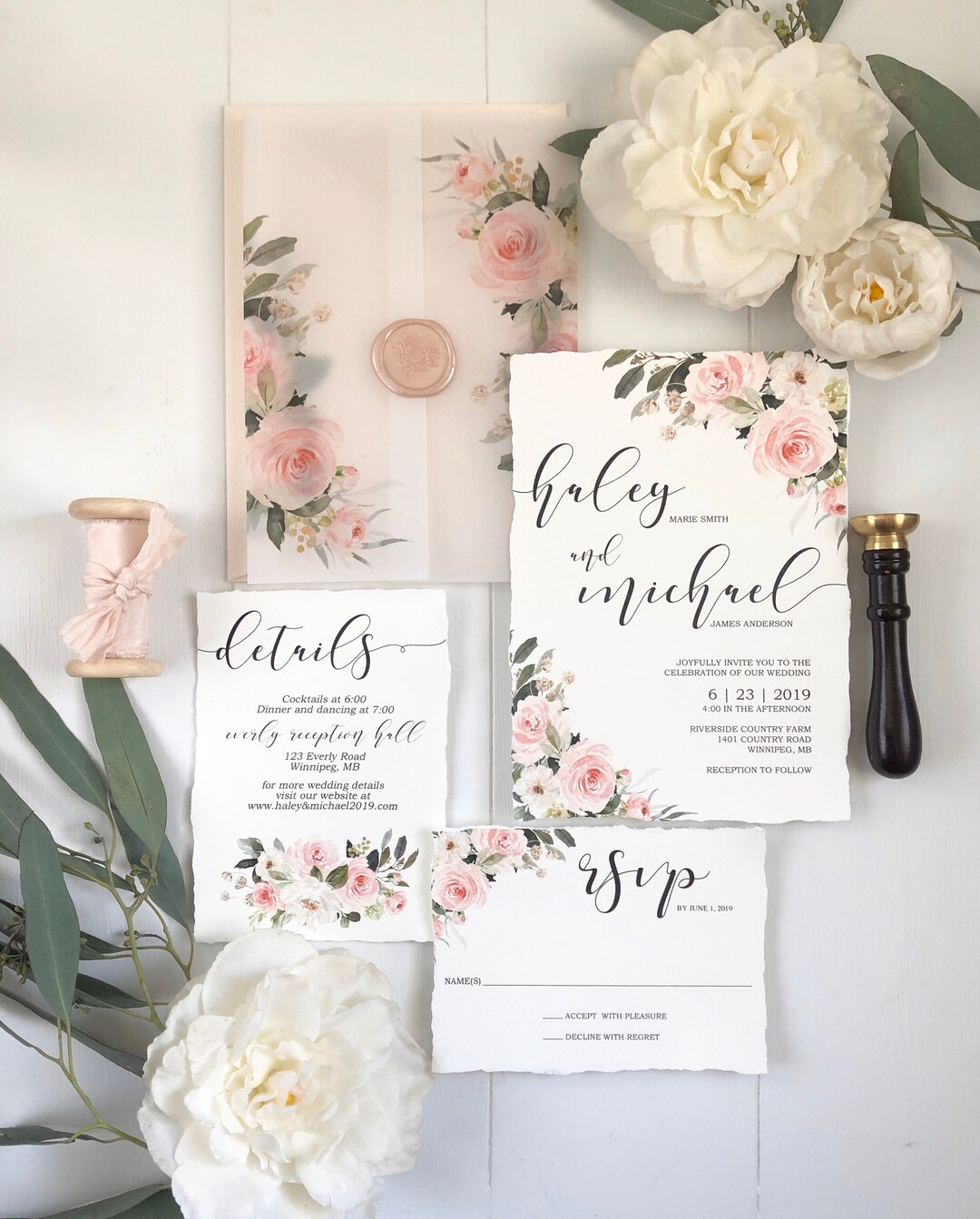 Vellum Wrap Wedding Invitation Set With Wax Seal, Blush Floral Wedding ...