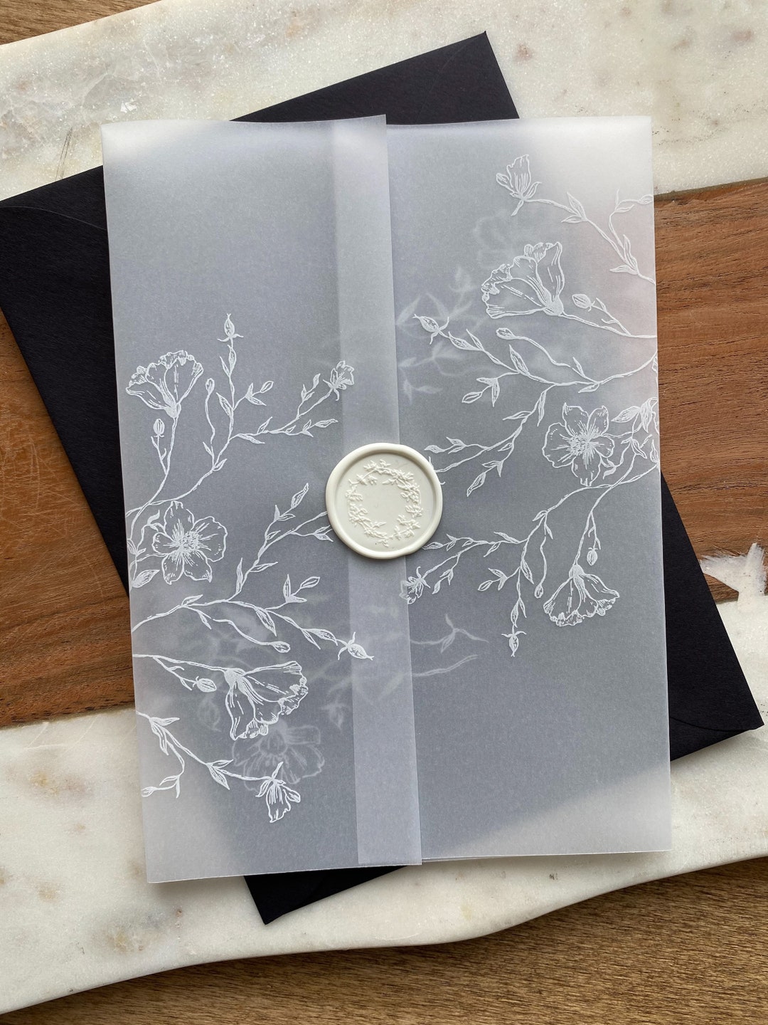 Floral Vellum Wrap 5x7 Wedding Invitation White Floral Vellum Jacket ...