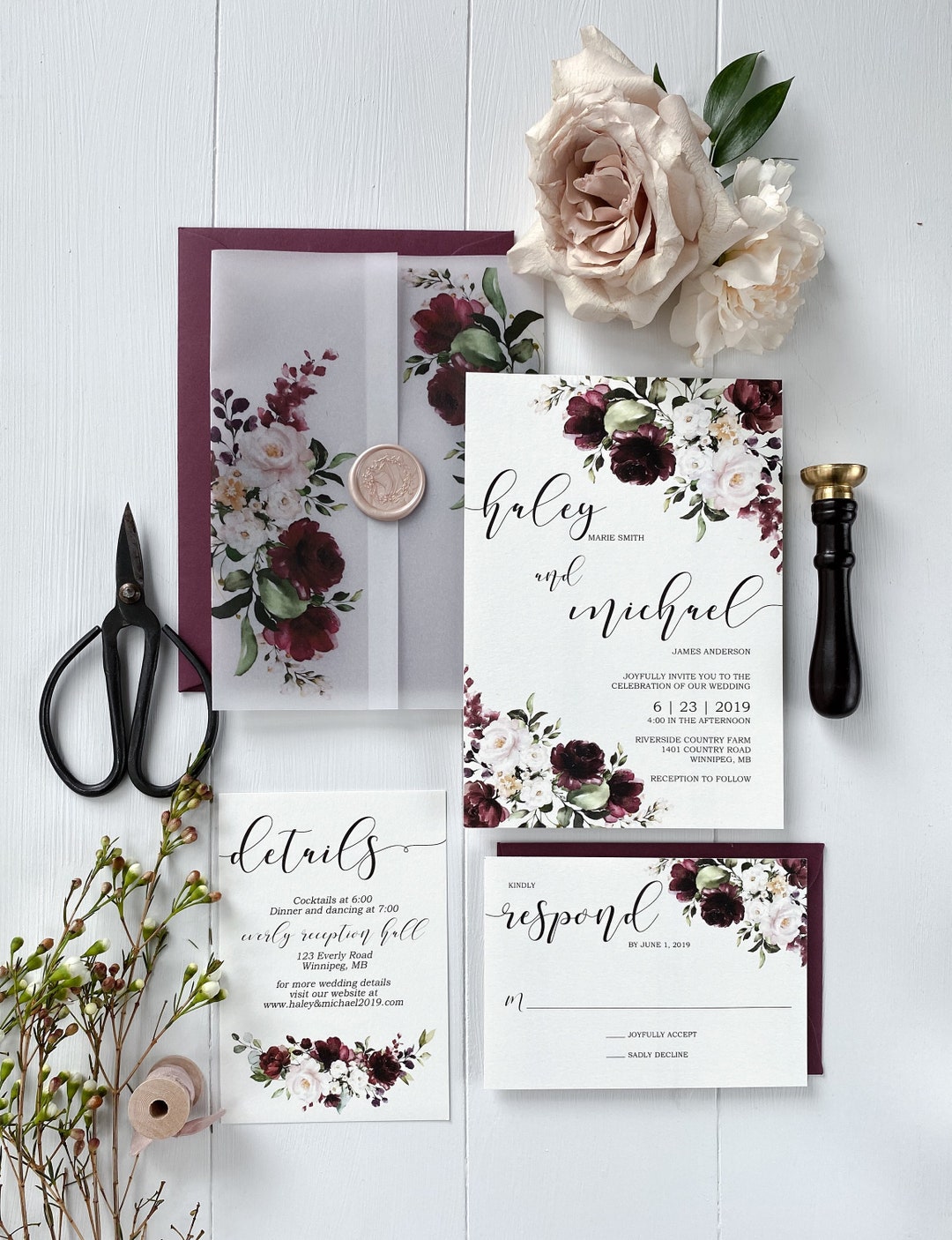 Burgundy Floral Wedding Invitation Set With Vellum and Wax Seal, Boho ...