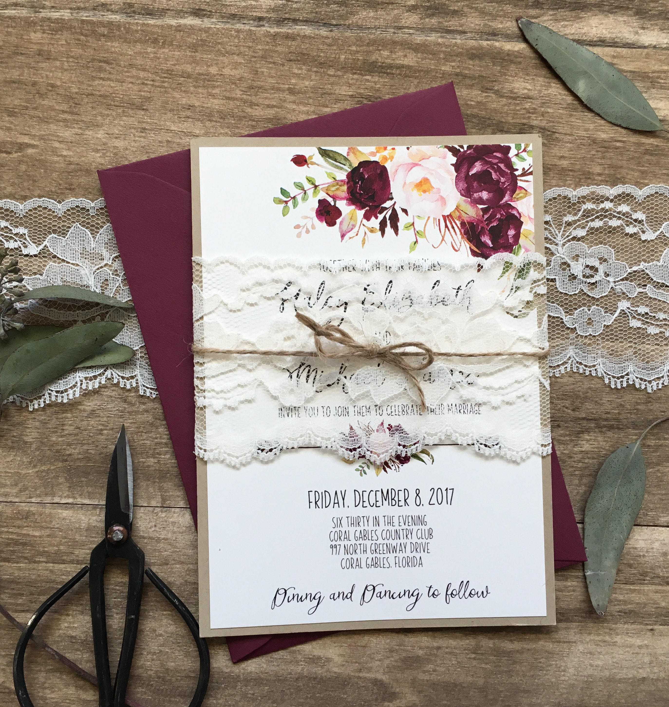 Floral Wedding Invitation Suite With Lace Boho Wedding | Etsy