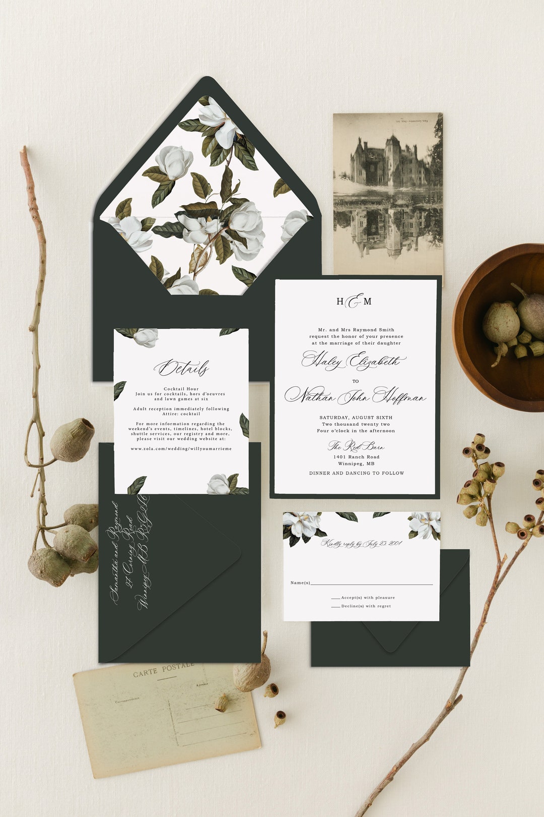 Classic Wedding Invitation, Magnolia Floral Wedding Invitations ...