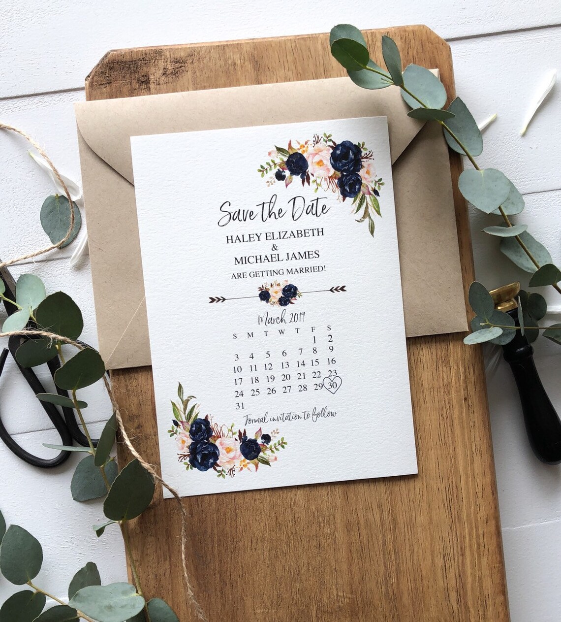 Rustic Save the Date Blush and Blue Save the Date Invites | Etsy