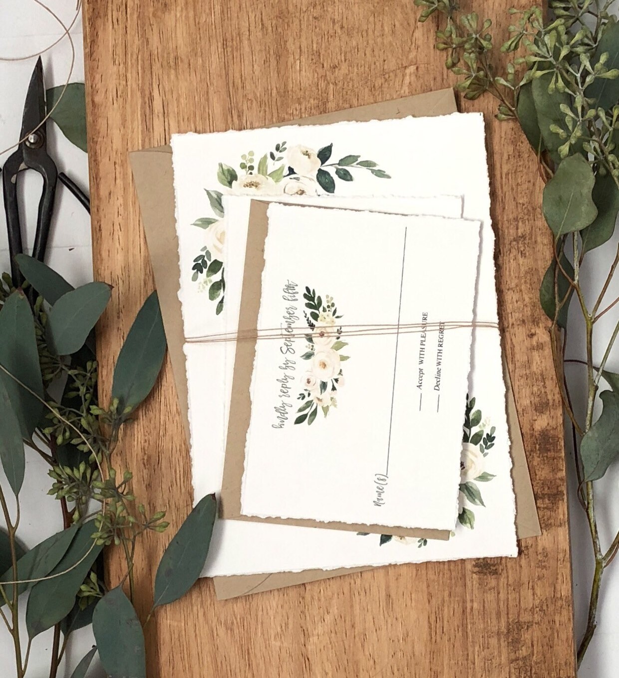 Rustic Greenery Floral Wedding Invitations with Deckled Edges | Etsy