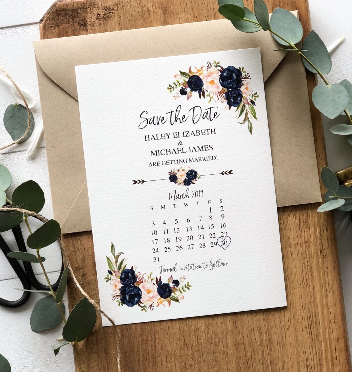 Rustic Save the Date Blush and Blue Save the Date Invites | Etsy