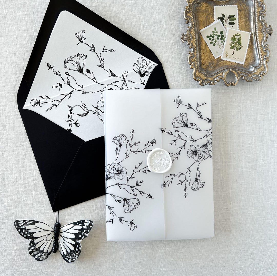 Black Botanical Vellum Wrap 5x7 Wrap for DIY Wedding Invitation ...