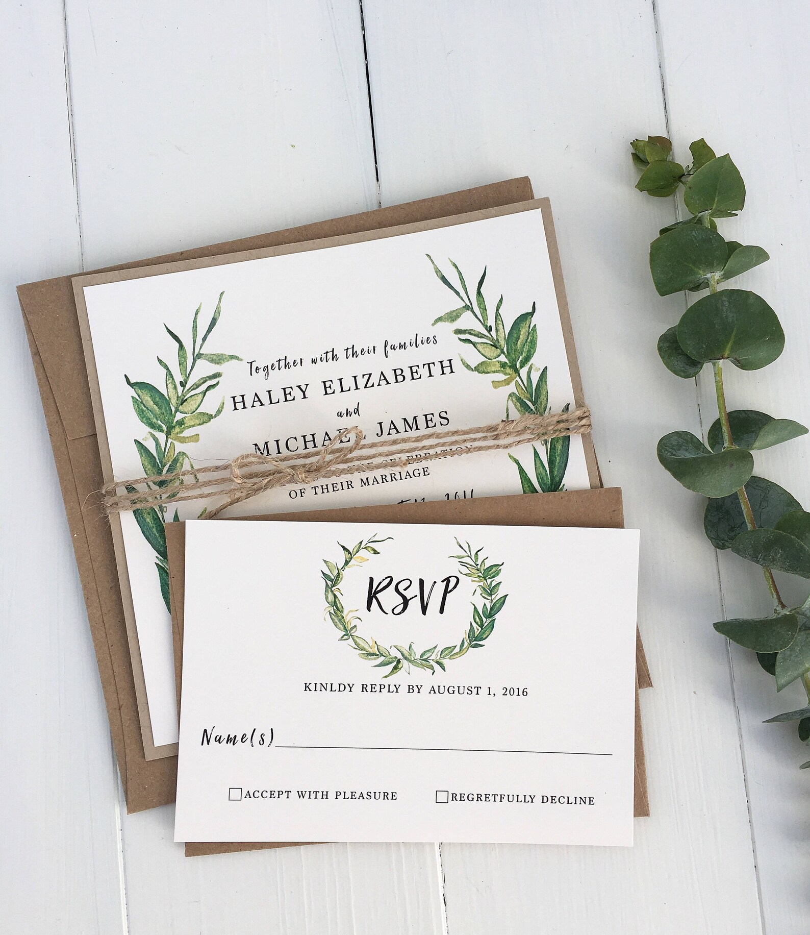 Rustic Greenery Wedding Invitation Set Green Leaves | Etsy
