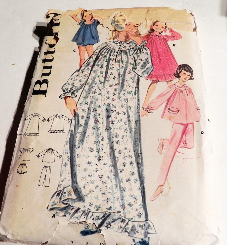 1960s Girls Nightgown Granny Pjs Pajamas Shorty Ruffle Winter Sleepwear ...