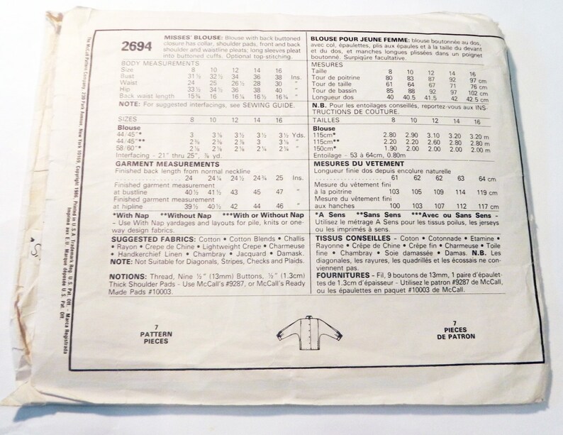 1980s Pleated Tucked Front Blouse Shirt Back Button Sewing Pattern ...