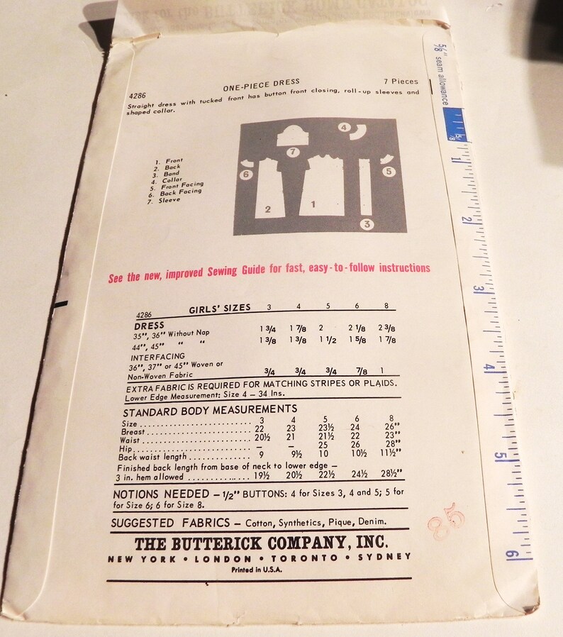 1960s Girls Dress Straight Tucked Button Front Vintage Sewing Pattern ...