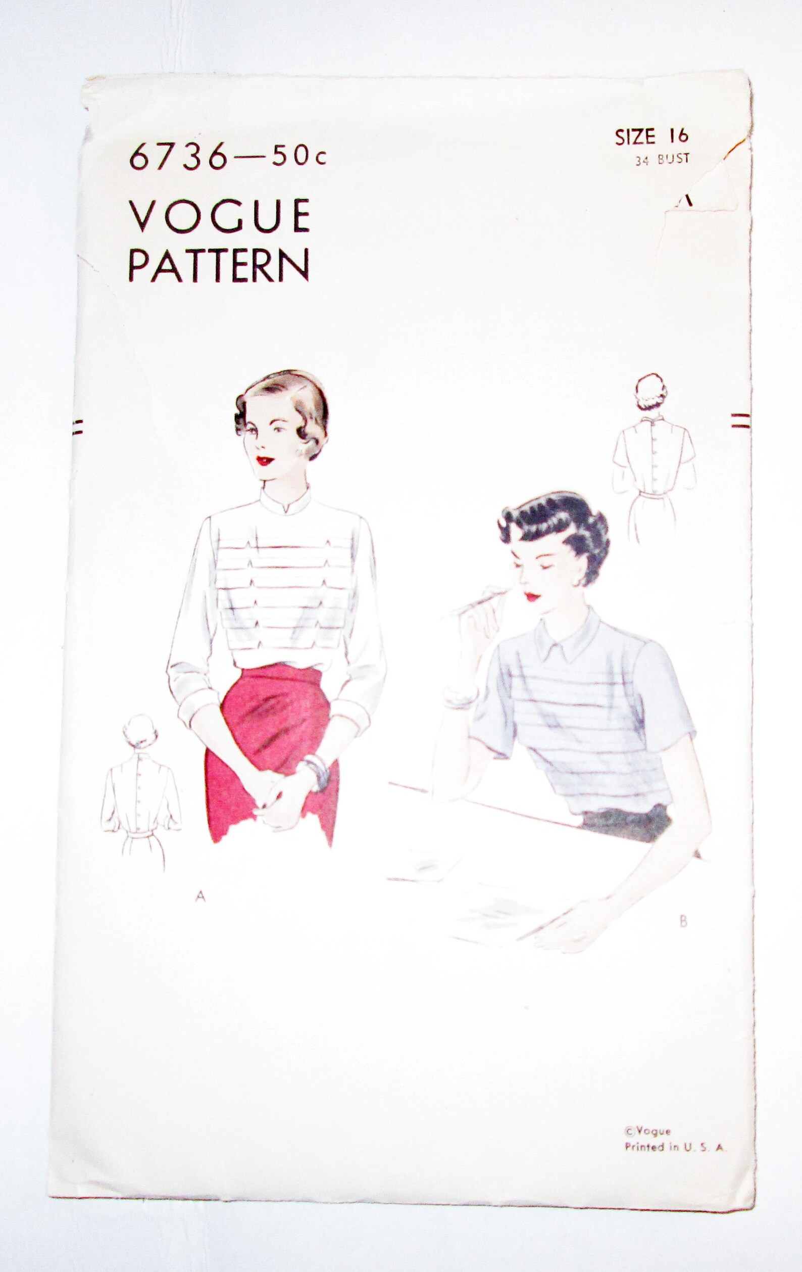 1940s Blouse Back Button Tucks Shirt Vintage Sewing Pattern Vogue 6736 ...