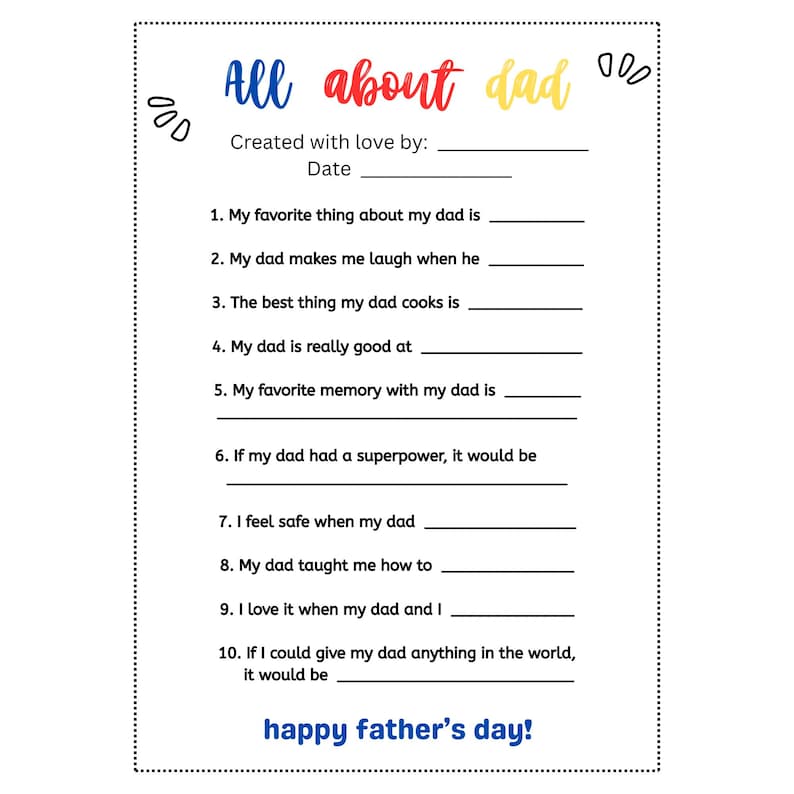 All About Dad: Father's Day Fill-in Keepsake Questionnaire -instant PDF ...