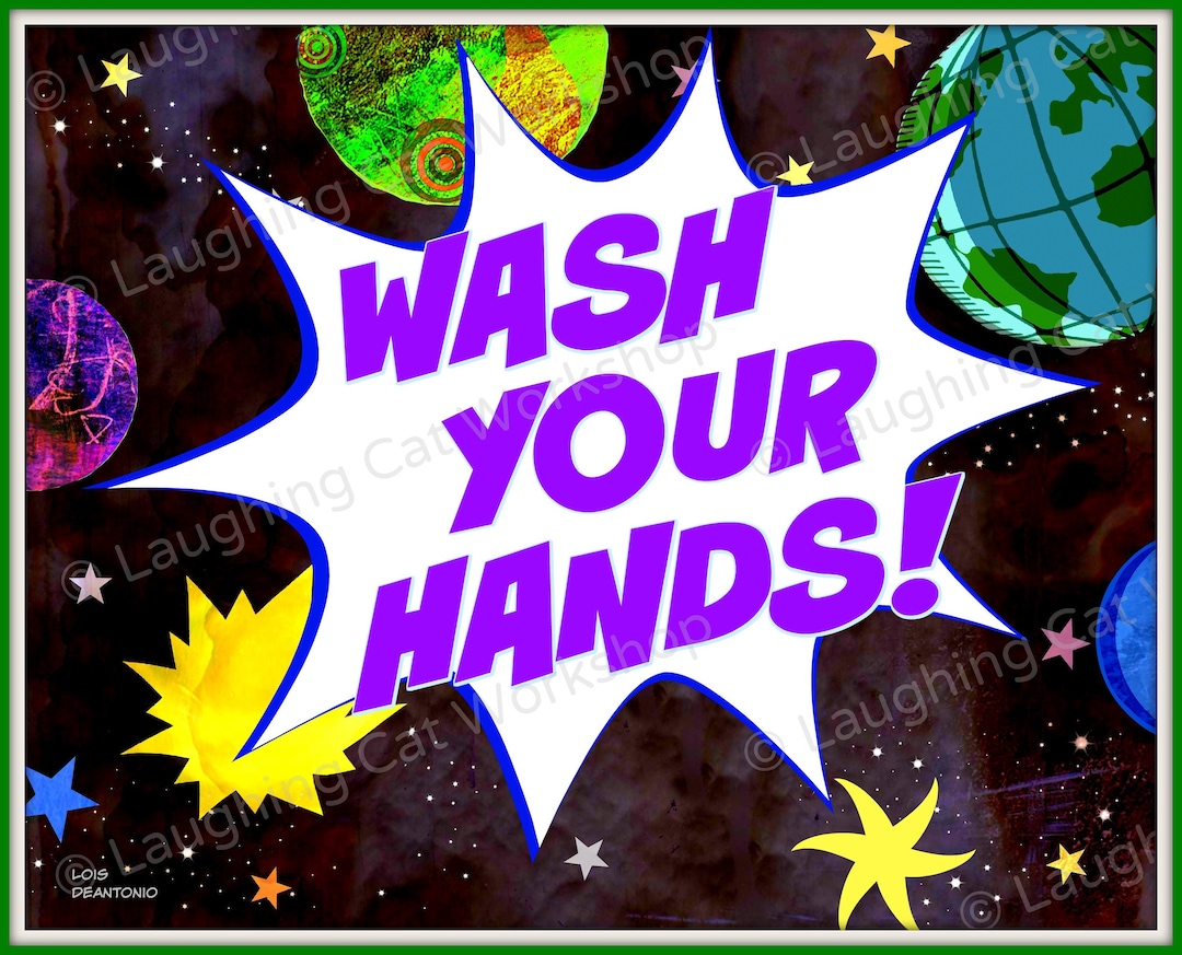 Wash Your Hands Bathroom Art Superhero Outer Space Comic Back to School ...