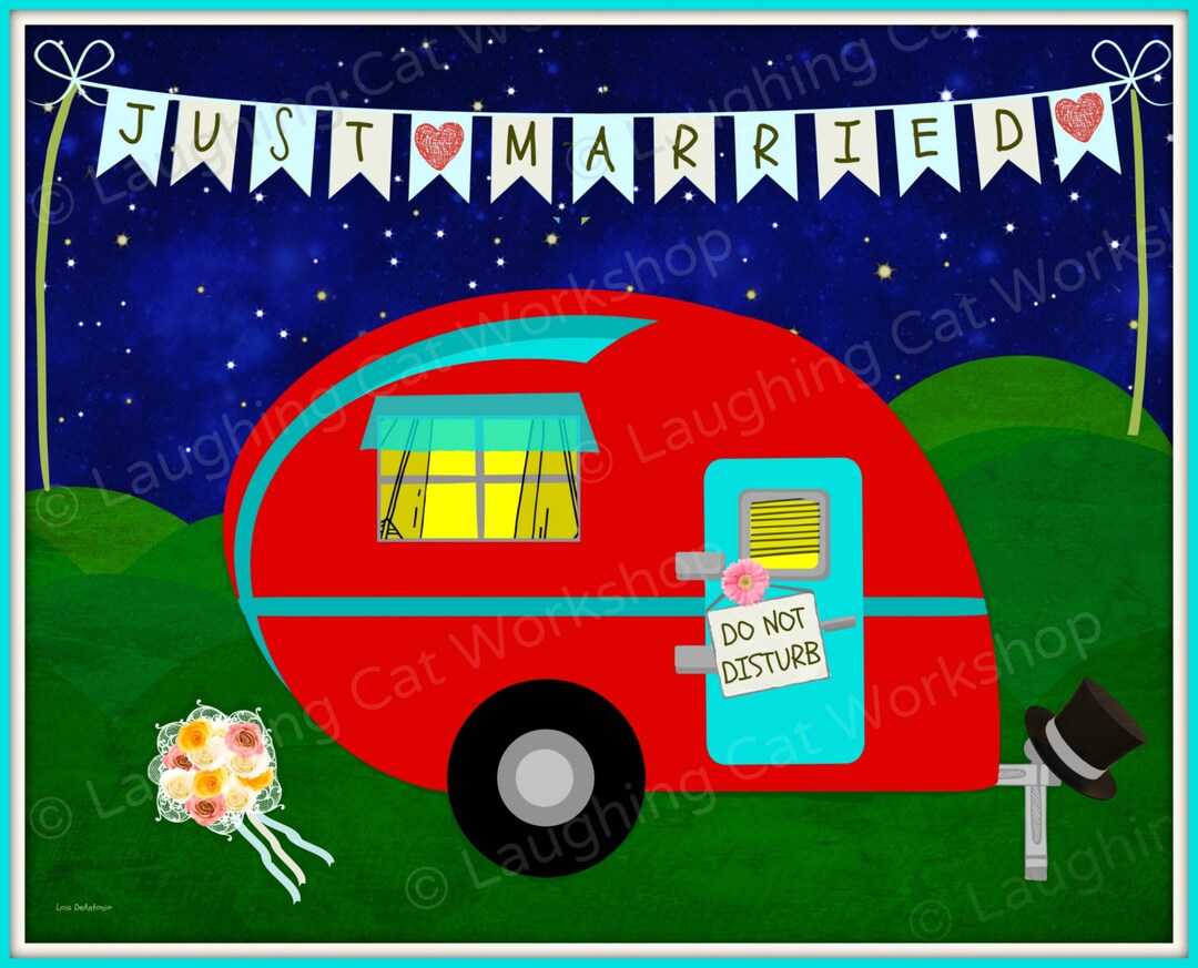 Just Married Art Comics Wedding Decor Retro Happy Camper Art RV Trailer ...