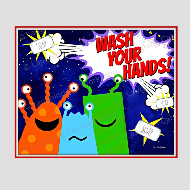 Wash Your Hands Funny Bathroom Art COVID Disease Prevention Alien Comic ...