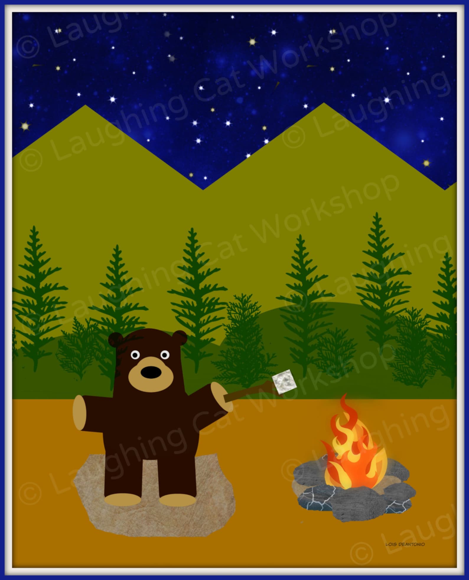 Happy Camper Print Children Summer Camp Art Teddy Bear Art Campfire ...
