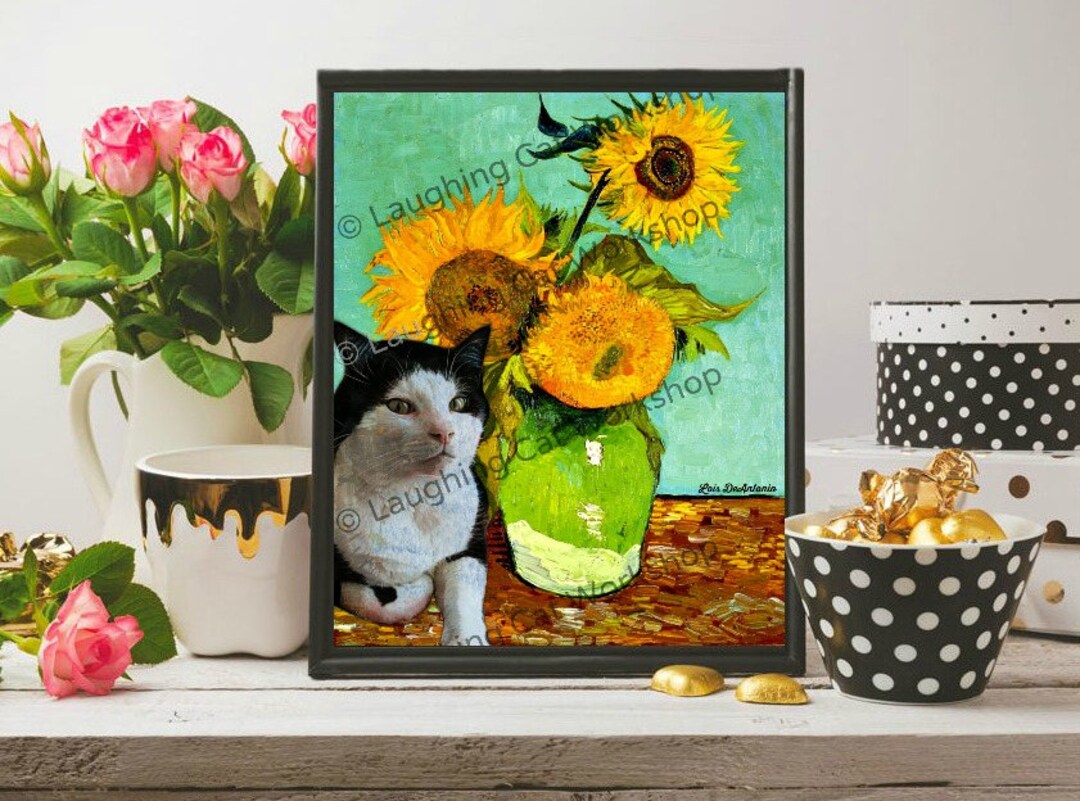 Van Gogh Sunflower Art Funny Hipster Cat Photobomb Cat Lover Gift ...