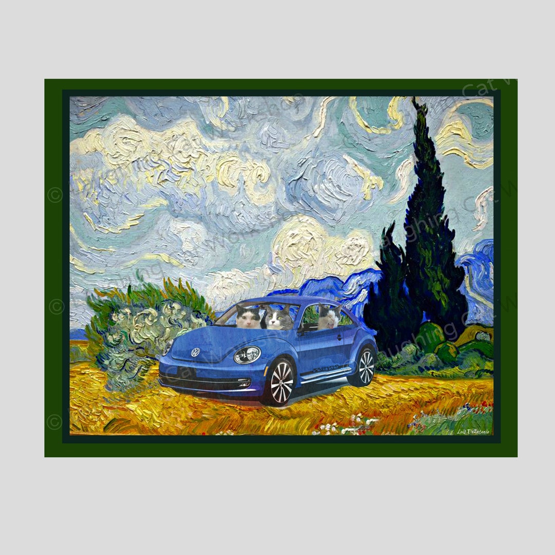 Van Gogh Funny Hipster Cat Art Print Racer Car Laughing Friend Cat ...