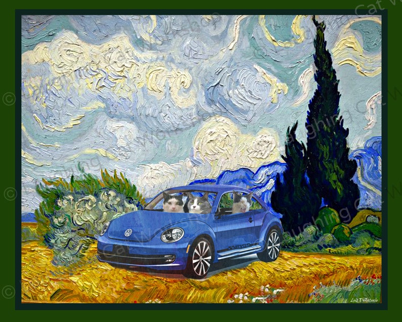 Van Gogh Funny Hipster Cat Art Print Racer Car Laughing Friend Cat ...