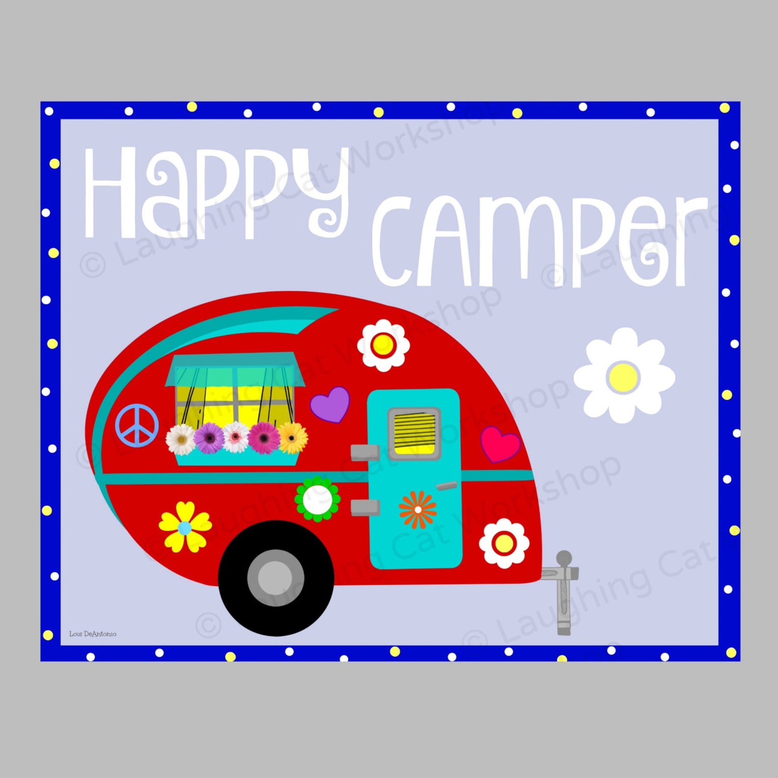 Happy Camper Print, 70s Flower Peace Retro Camper Art, Summer Camp Art ...