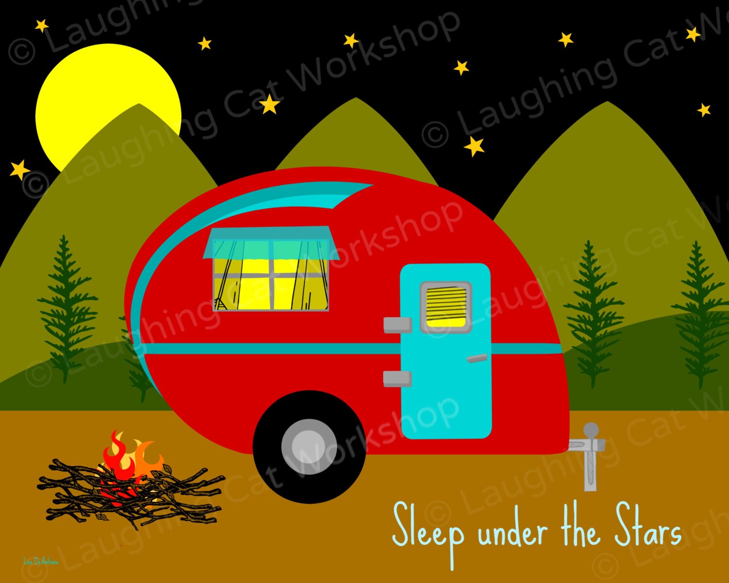 Happy Camper Print Summer Camp Art RV Trailer Motor Home Art Print ...