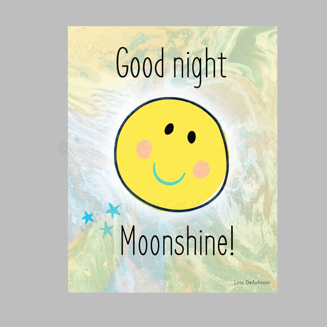Good Night Moonshine Print Whimsical Yellow Blue Baby Nursery Print ...