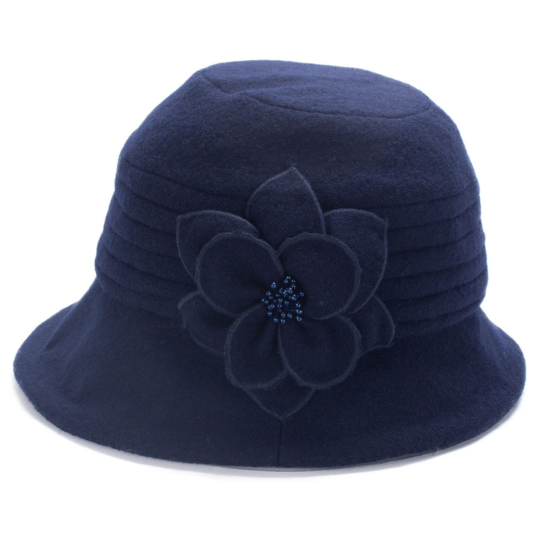Navy Blue Womens 1920s Flappers Vintage Style Wool Blend Cloche Bucket ...