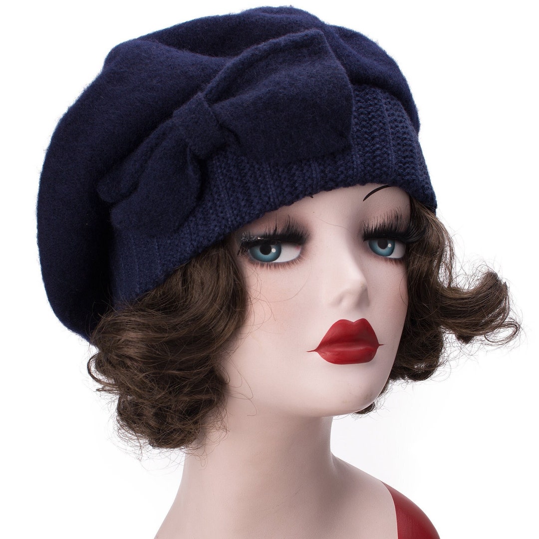 Navy Blue Women Wool Bow Loretta Beret Nipple Beanie Basque - Etsy