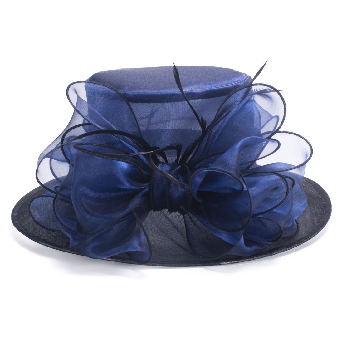 Navy Blue Top With Black Brim Womens Dressy Organza Wide Brim Church ...