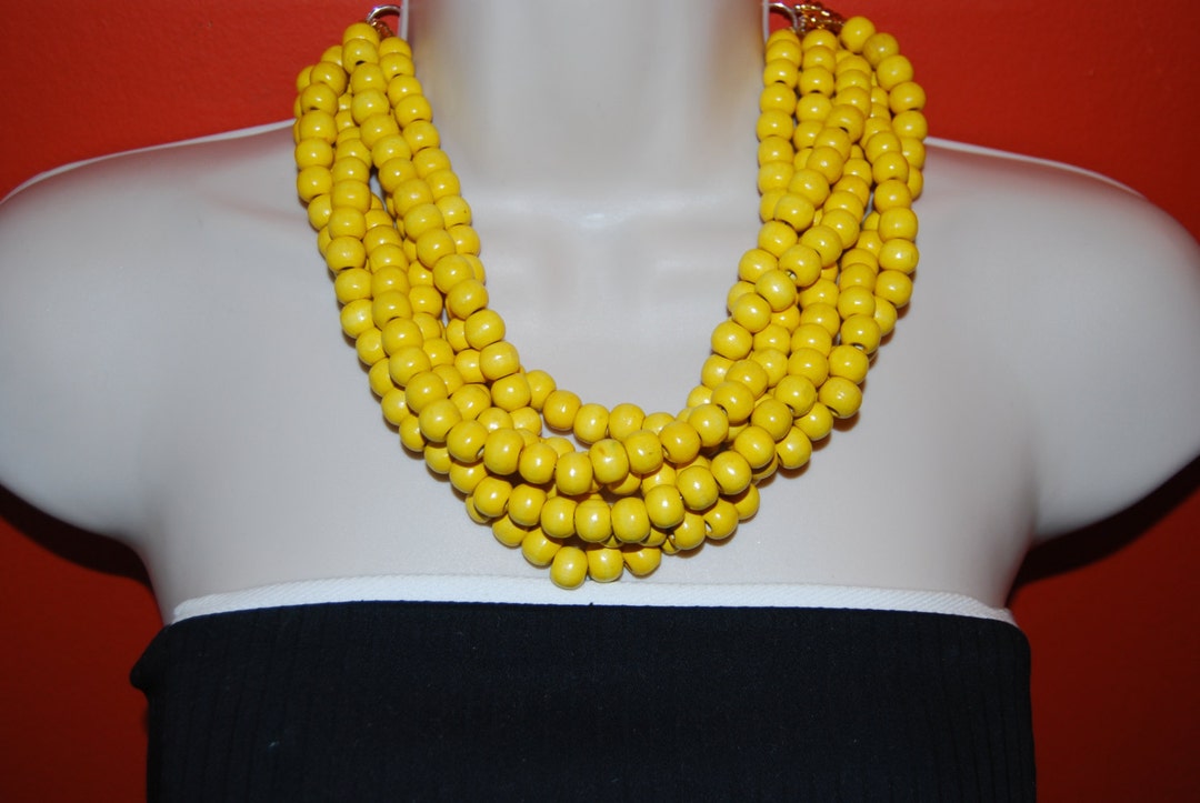Yellow Wood Beaded Statement Necklace, Chunky, Bold, Multi-strand ...