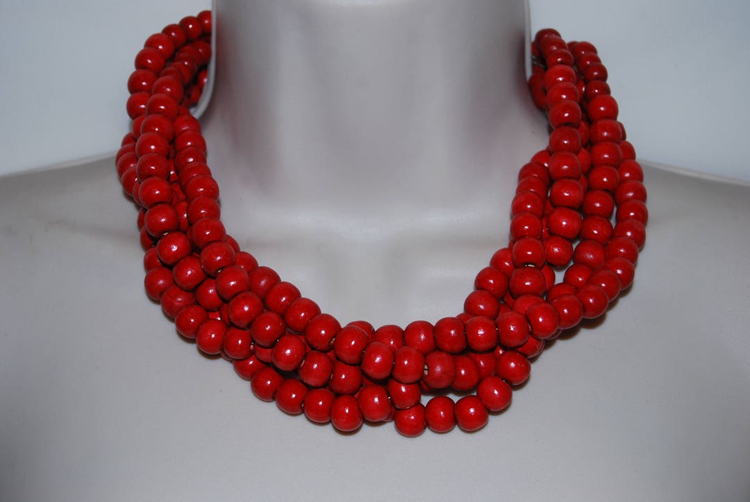 Red Statement Necklace Multi-strand Wood Beaded Necklace - Etsy