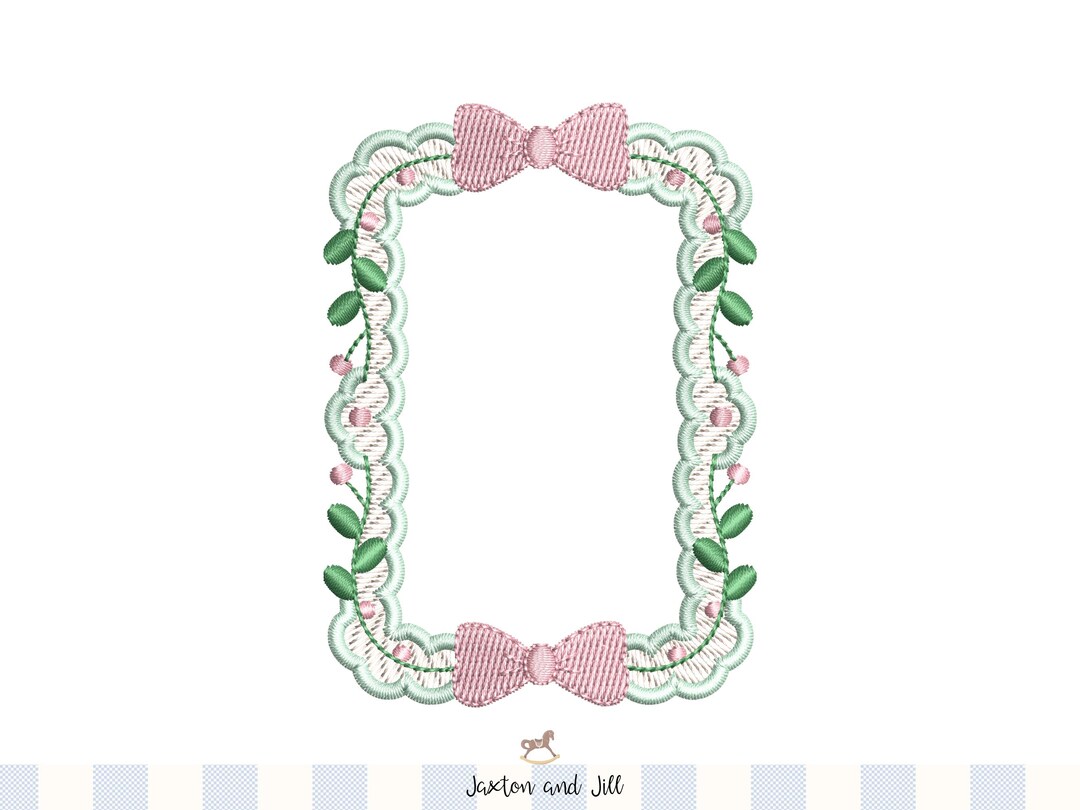 Floral Embroidery Design With Bows, Delicate Scalloped Rectangle Frame ...