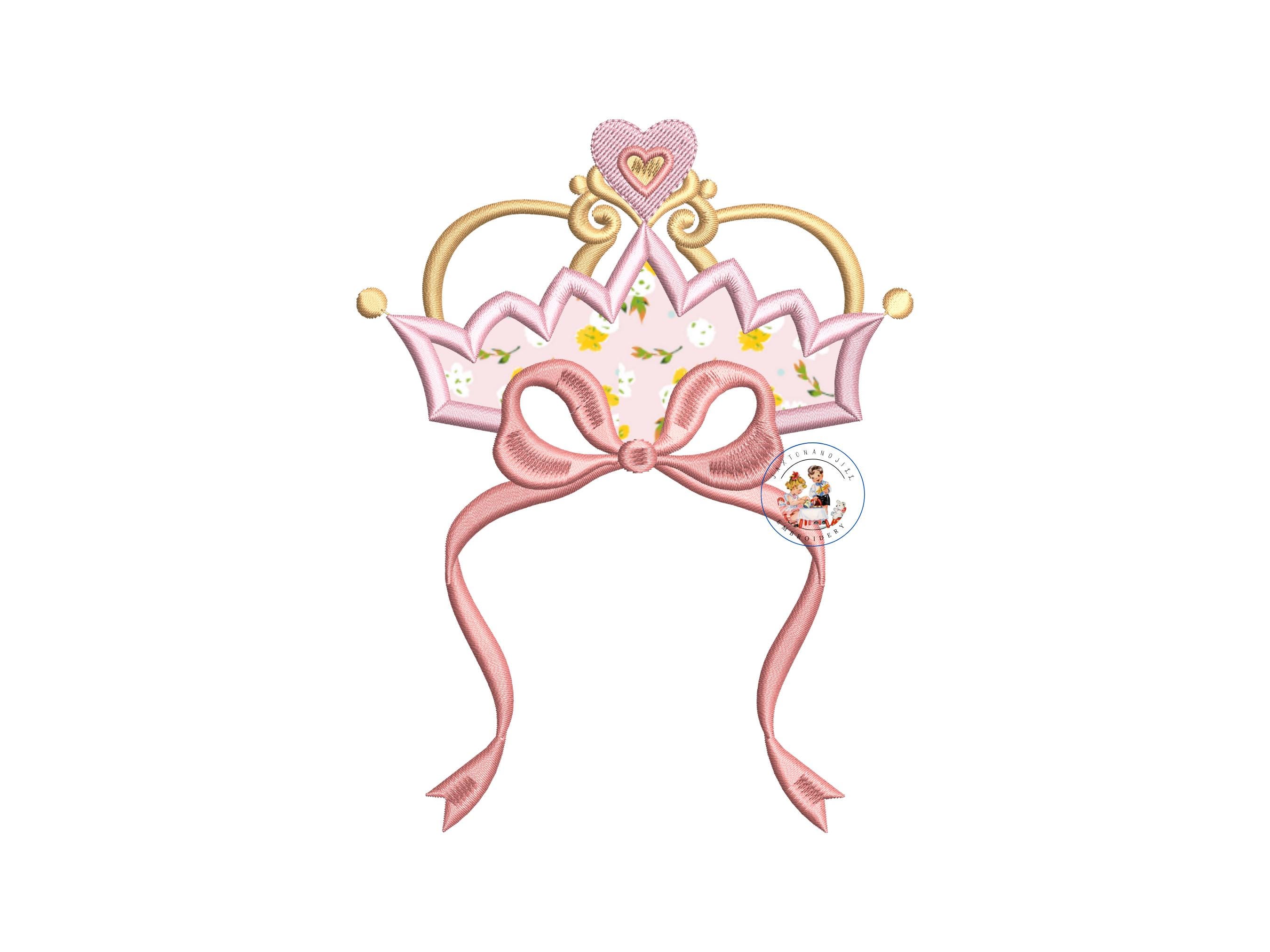 Princess Crown Frame Embroidery Design: Pink Bow, Royal Applique ...