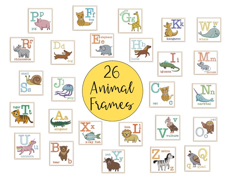 Animal Alphabet Machine Embroidery Pack Applique Monogram - Etsy
