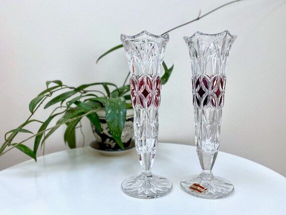 Lead Crystal Pink Flower Vase West Germany Cut Crystal Pink Green ...