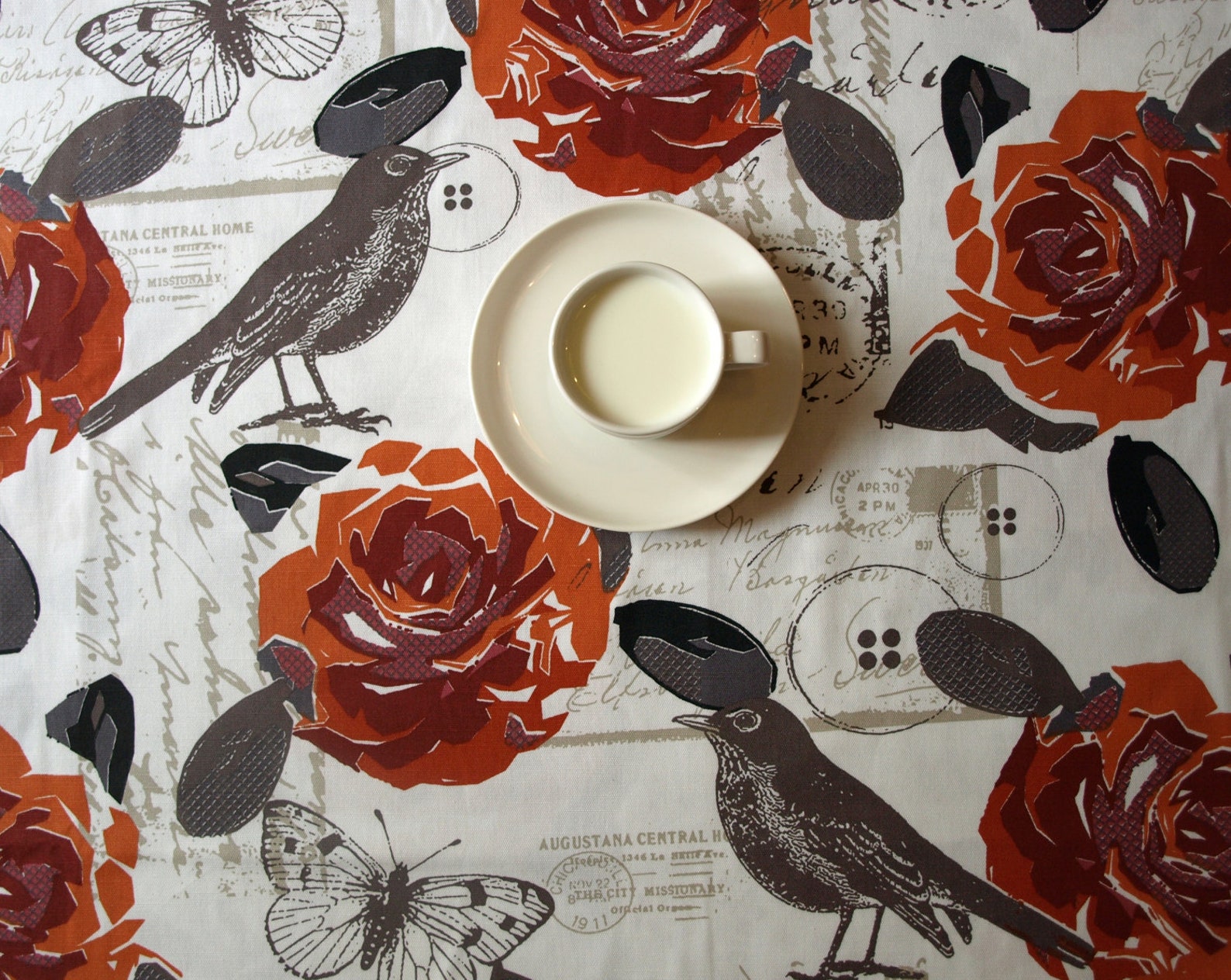 Tablecloth White With Birds Red Orange Roses Also Napkins - Etsy
