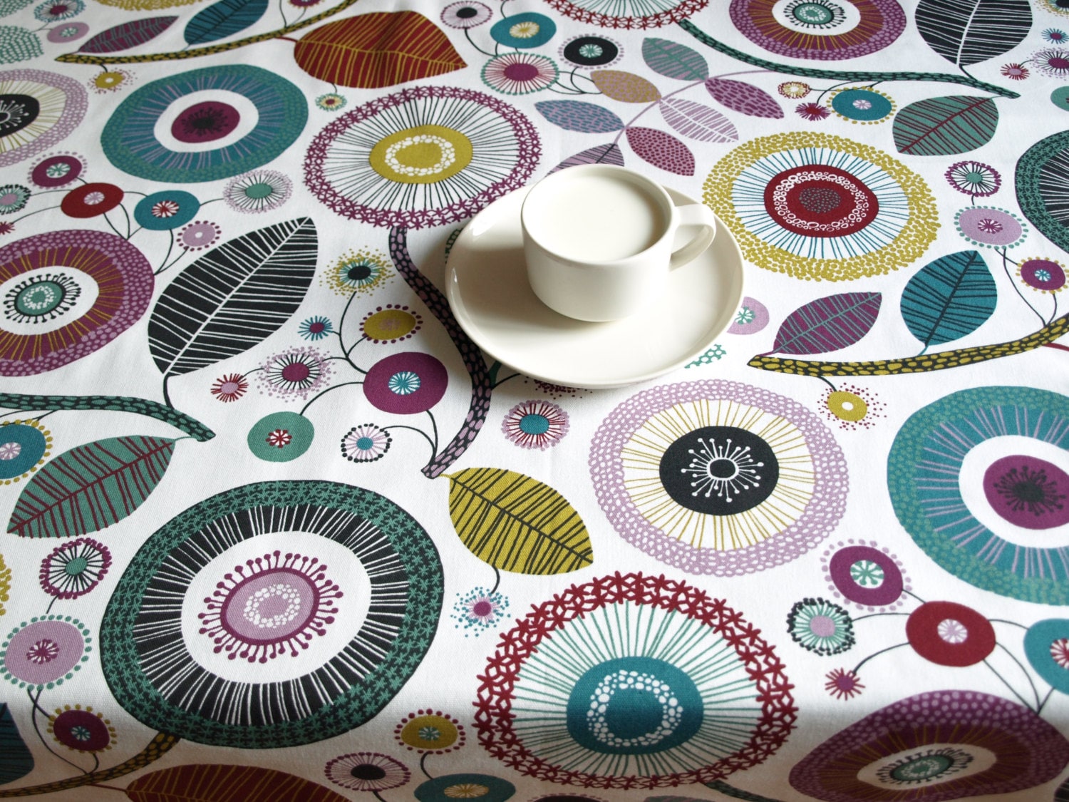 Tablecloth White Emerald Green Abstract Tree Flowers - Etsy