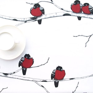 Tablecloth White Red Breast Robins Birds Black Grey Tree Modern ...